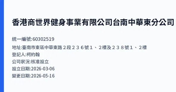 香港商世界健身事業有限公司台南中華東分公司的照片-統編 60302519(臺南市) 公司登記資料與營業項目詳細圖表