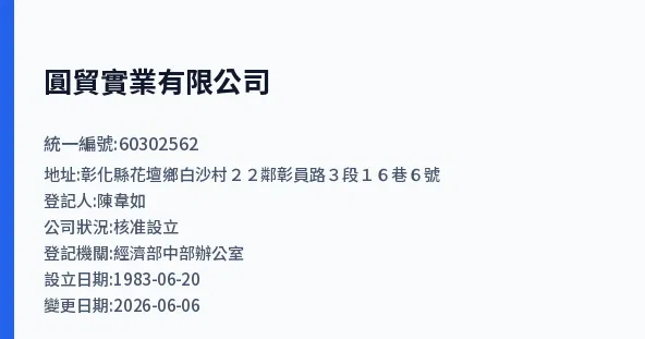 圓貿實業有限公司的照片-統編 60302562(彰化縣) 公司登記資料與營業項目詳細圖表
