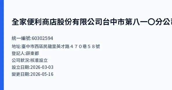 全家便利商店股份有限公司台中市第八一〇分公司的照片-統編 60302594(臺中市) 公司登記資料與營業項目詳細圖表