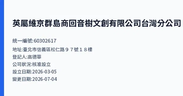 英屬維京群島商回音樹文創有限公司台灣分公司的照片-統編 60302617(臺北市) 公司登記資料與營業項目詳細圖表