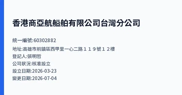 香港商亞航船舶有限公司台灣分公司的照片-統編 60302882(高雄市) 公司登記資料與營業項目詳細圖表
