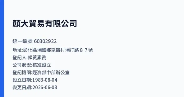 顏大貿易有限公司的照片-統編 60302922(彰化縣) 公司登記資料與營業項目詳細圖表