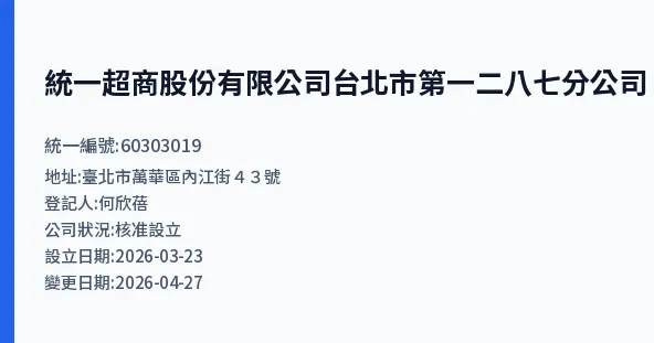 統一超商股份有限公司台北市第一二八七分公司的照片-統編 60303019(臺北市) 公司登記資料與營業項目詳細圖表