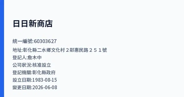 日日新商店的照片-統編 60303627(彰化縣) 公司登記資料與營業項目詳細圖表