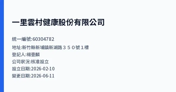 一里雲村健康股份有限公司的照片-統編 60304782(新竹縣) 公司登記資料與營業項目詳細圖表