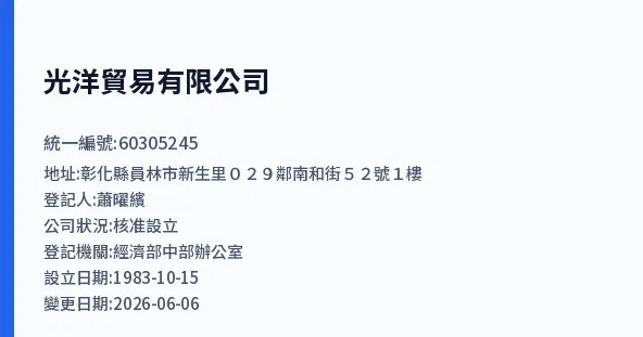 光洋貿易有限公司的照片-統編 60305245(彰化縣) 公司登記資料與營業項目詳細圖表