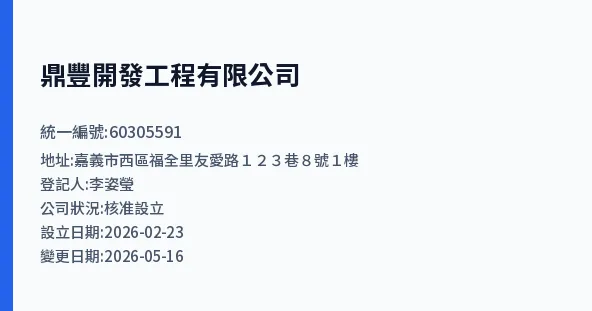 鼎豐開發工程有限公司的照片-統編 60305591(嘉義市) 公司登記資料與營業項目詳細圖表