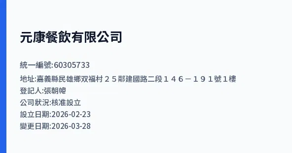 元康餐飲有限公司的照片-統編 60305733(嘉義縣) 公司登記資料與營業項目詳細圖表
