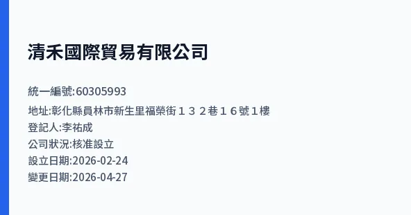清禾國際貿易有限公司的照片-統編 60305993(彰化縣) 公司登記資料與營業項目詳細圖表
