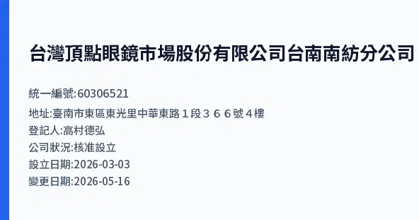 台灣頂點眼鏡市場股份有限公司台南南紡分公司的照片-統編 60306521(臺南市) 公司登記資料與營業項目詳細圖表