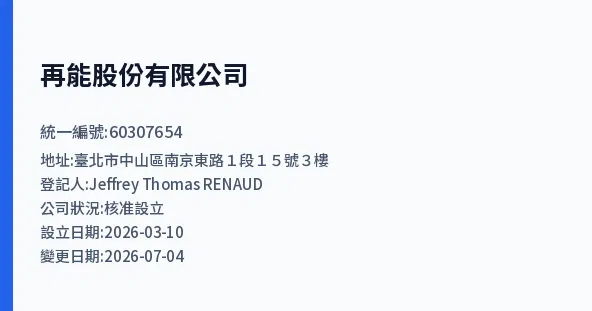 再能股份有限公司的照片-統編 60307654(臺北市) 公司登記資料與營業項目詳細圖表