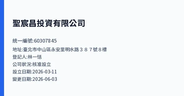聖宸昌投資有限公司的照片-統編 60307845(臺北市) 公司登記資料與營業項目詳細圖表
