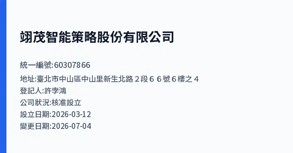 翊茂智能策略股份有限公司的照片-統編 60307866(臺北市) 公司登記資料與營業項目詳細圖表
