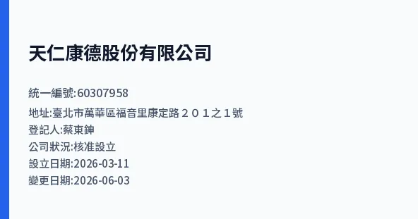 天仁康德股份有限公司的照片-統編 60307958(臺北市) 公司登記資料與營業項目詳細圖表