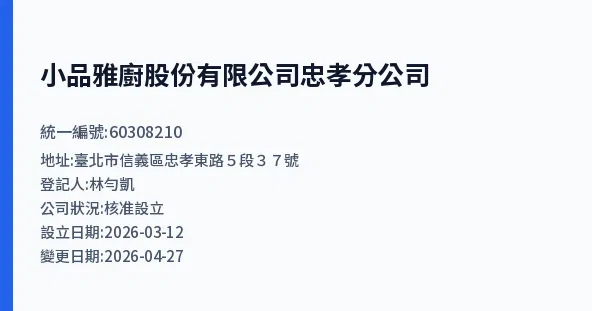 小品雅廚股份有限公司忠孝分公司的照片-統編 60308210(臺北市) 公司登記資料與營業項目詳細圖表