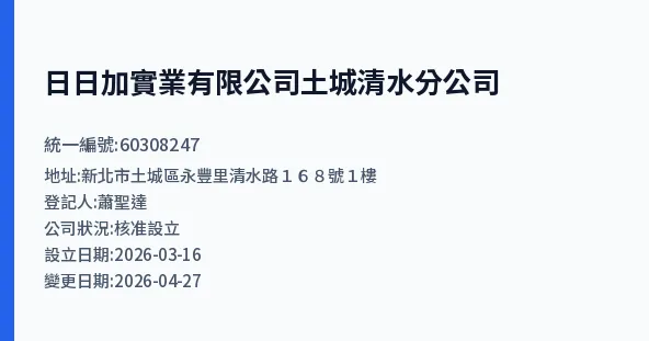 日日加實業有限公司土城清水分公司的照片-統編 60308247(新北市) 公司登記資料與營業項目詳細圖表