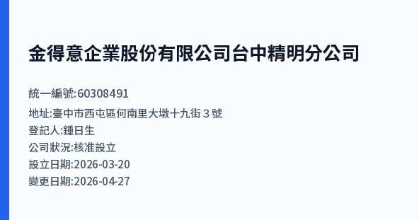 金得意企業股份有限公司台中精明分公司的照片-統編 60308491(臺中市) 公司登記資料與營業項目詳細圖表