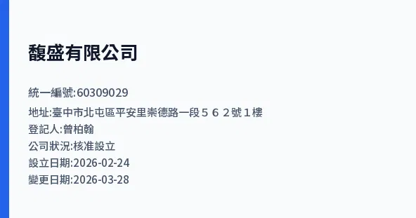 馥盛有限公司的照片-統編 60309029(臺中市) 公司登記資料與營業項目詳細圖表