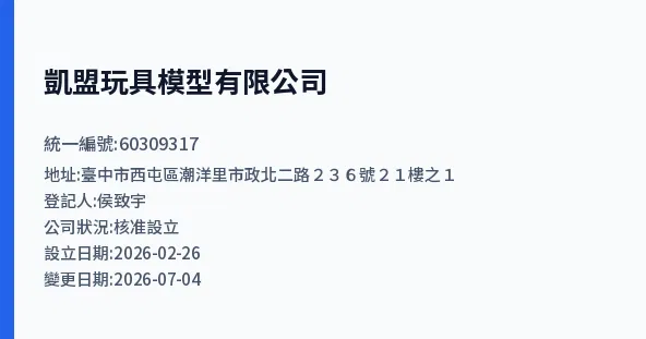 凱盟玩具模型有限公司的照片-統編 60309317(臺中市) 公司登記資料與營業項目詳細圖表