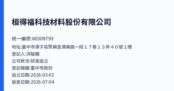 桓得福科技材料股份有限公司的照片-統編 60309793(臺中市) 公司登記資料與營業項目詳細圖表