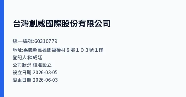 台灣創威國際股份有限公司的照片-統編 60310779(嘉義縣) 公司登記資料與營業項目詳細圖表