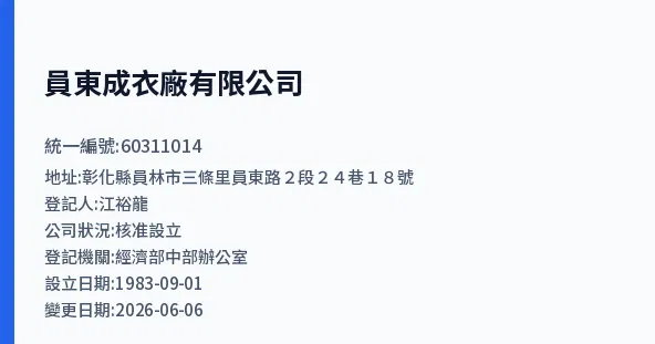 員東成衣廠有限公司的照片-統編 60311014(彰化縣) 公司登記資料與營業項目詳細圖表