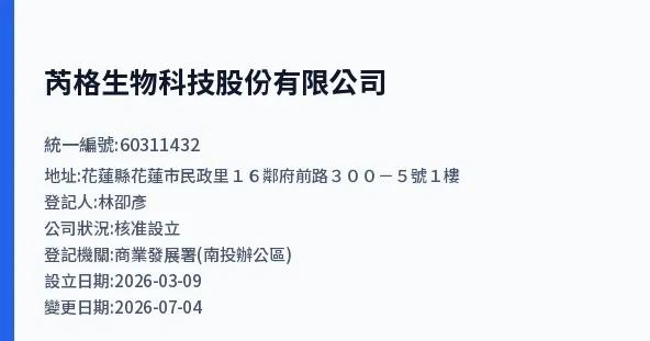 芮格生物科技股份有限公司的照片-統編 60311432(花蓮縣) 公司登記資料與營業項目詳細圖表