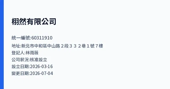 栩然有限公司的照片-統編 60311910(新北市) 公司登記資料與營業項目詳細圖表