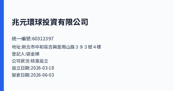 兆元環球投資有限公司的照片-統編 60312397(新北市) 公司登記資料與營業項目詳細圖表