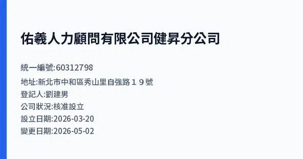 佑羲人力顧問有限公司健昇分公司的照片-統編 60312798(新北市) 公司登記資料與營業項目詳細圖表