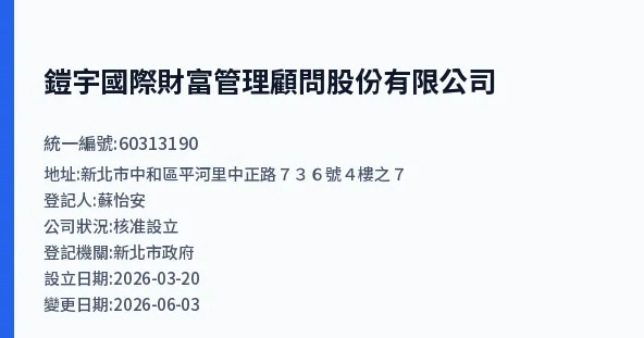 鎧宇國際財富管理顧問股份有限公司的照片-統編 60313190(新北市) 公司登記資料與營業項目詳細圖表