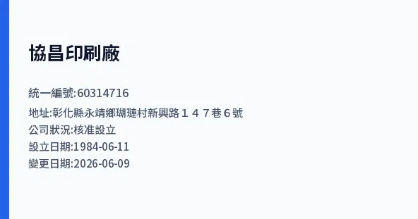 協昌印刷廠的照片-統編 60314716(彰化縣) 公司登記資料與營業項目詳細圖表