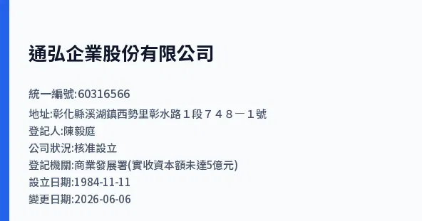 通弘企業股份有限公司的照片-統編 60316566(彰化縣) 公司登記資料與營業項目詳細圖表