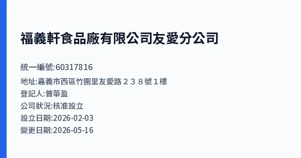 福義軒食品廠有限公司友愛分公司的照片-統編 60317816(嘉義市) 公司登記資料與營業項目詳細圖表