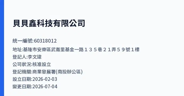 貝貝鑫科技有限公司的照片-統編 60318012(基隆市) 公司登記資料與營業項目詳細圖表