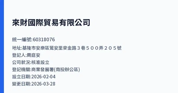 來財國際貿易有限公司的照片-統編 60318076(基隆市) 公司登記資料與營業項目詳細圖表