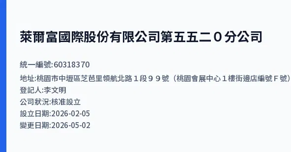 萊爾富國際股份有限公司第五五二0分公司的照片-統編 60318370(桃園市) 公司登記資料與營業項目詳細圖表