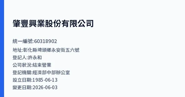 肇豐興業股份有限公司的照片-統編 60318902(彰化縣) 公司登記資料與營業項目詳細圖表
