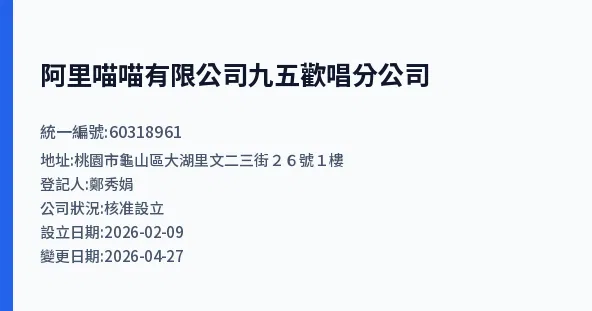 阿里喵喵有限公司九五歡唱分公司的照片-統編 60318961(桃園市) 公司登記資料與營業項目詳細圖表