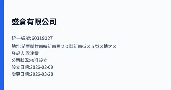 盛倉有限公司的照片-統編 60319027(苗栗縣) 公司登記資料與營業項目詳細圖表