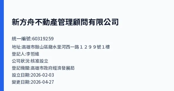 新方舟不動產管理顧問有限公司的照片-統編 60319259(高雄市) 公司登記資料與營業項目詳細圖表