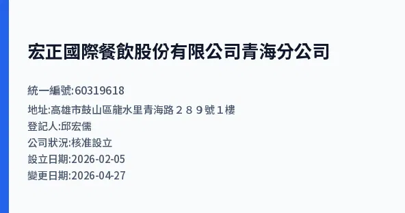 宏正國際餐飲股份有限公司青海分公司的照片-統編 60319618(高雄市) 公司登記資料與營業項目詳細圖表