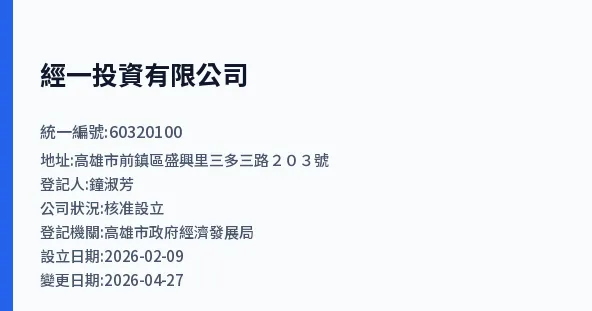 經一投資有限公司的照片-統編 60320100(高雄市) 公司登記資料與營業項目詳細圖表