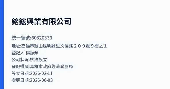 銘鋐興業有限公司的照片-統編 60320333(高雄市) 公司登記資料與營業項目詳細圖表