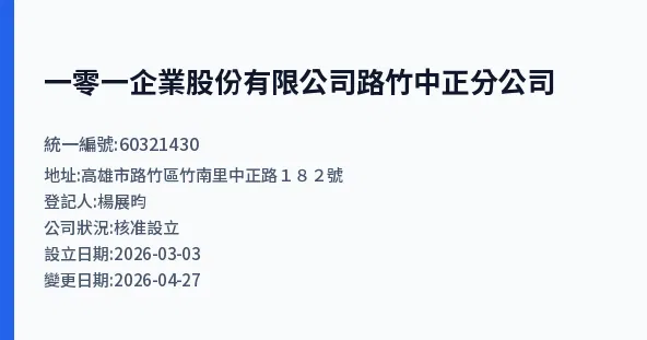 一零一企業股份有限公司路竹中正分公司的照片-統編 60321430(高雄市) 公司登記資料與營業項目詳細圖表