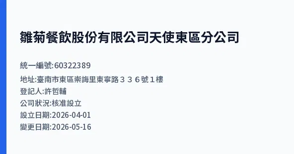 雛菊餐飲股份有限公司天使東區分公司的照片-統編 60322389(臺南市) 公司登記資料與營業項目詳細圖表