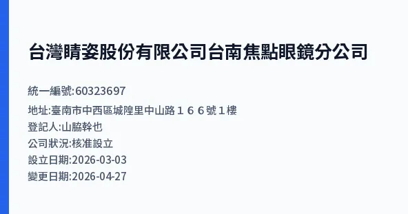 台灣睛姿股份有限公司台南焦點眼鏡分公司的照片-統編 60323697(臺南市) 公司登記資料與營業項目詳細圖表