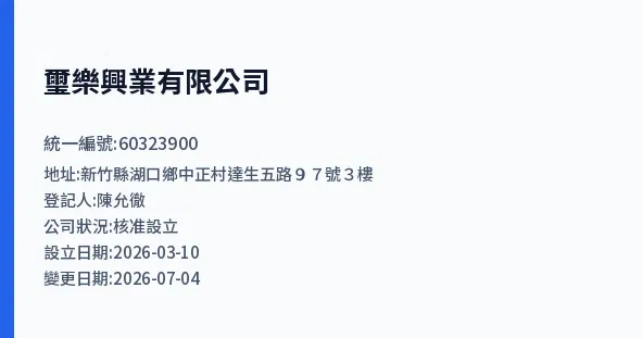 璽樂興業有限公司的照片-統編 60323900(新竹縣) 公司登記資料與營業項目詳細圖表