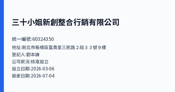 三十小姐新創整合行銷有限公司的照片-統編 60324350(新北市) 公司登記資料與營業項目詳細圖表