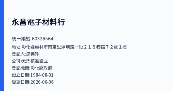 永昌電子材料行的照片-統編 60326564(彰化縣) 公司登記資料與營業項目詳細圖表